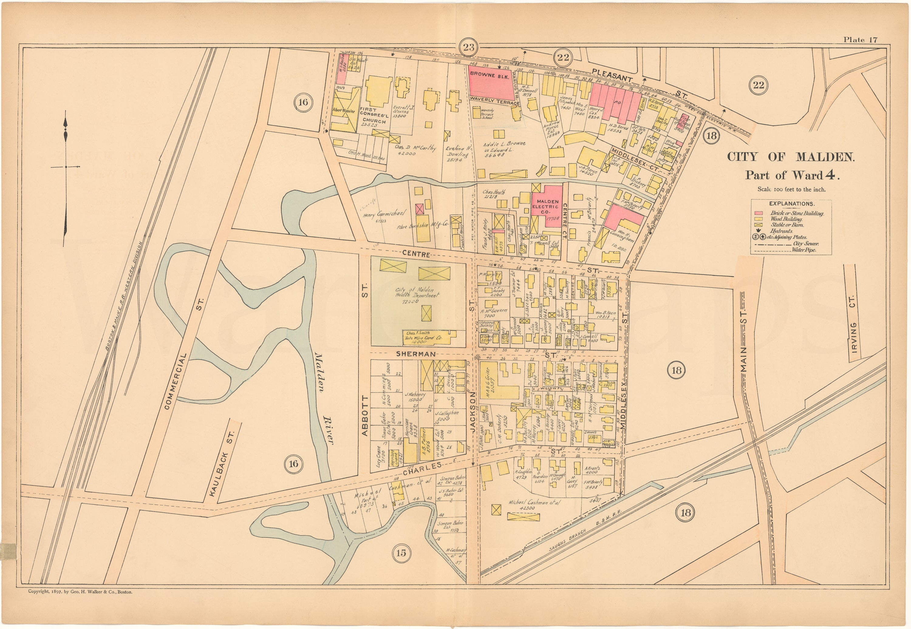 Malden Massachusetts 1897 Plate 17 Pleasant Street Centre Street