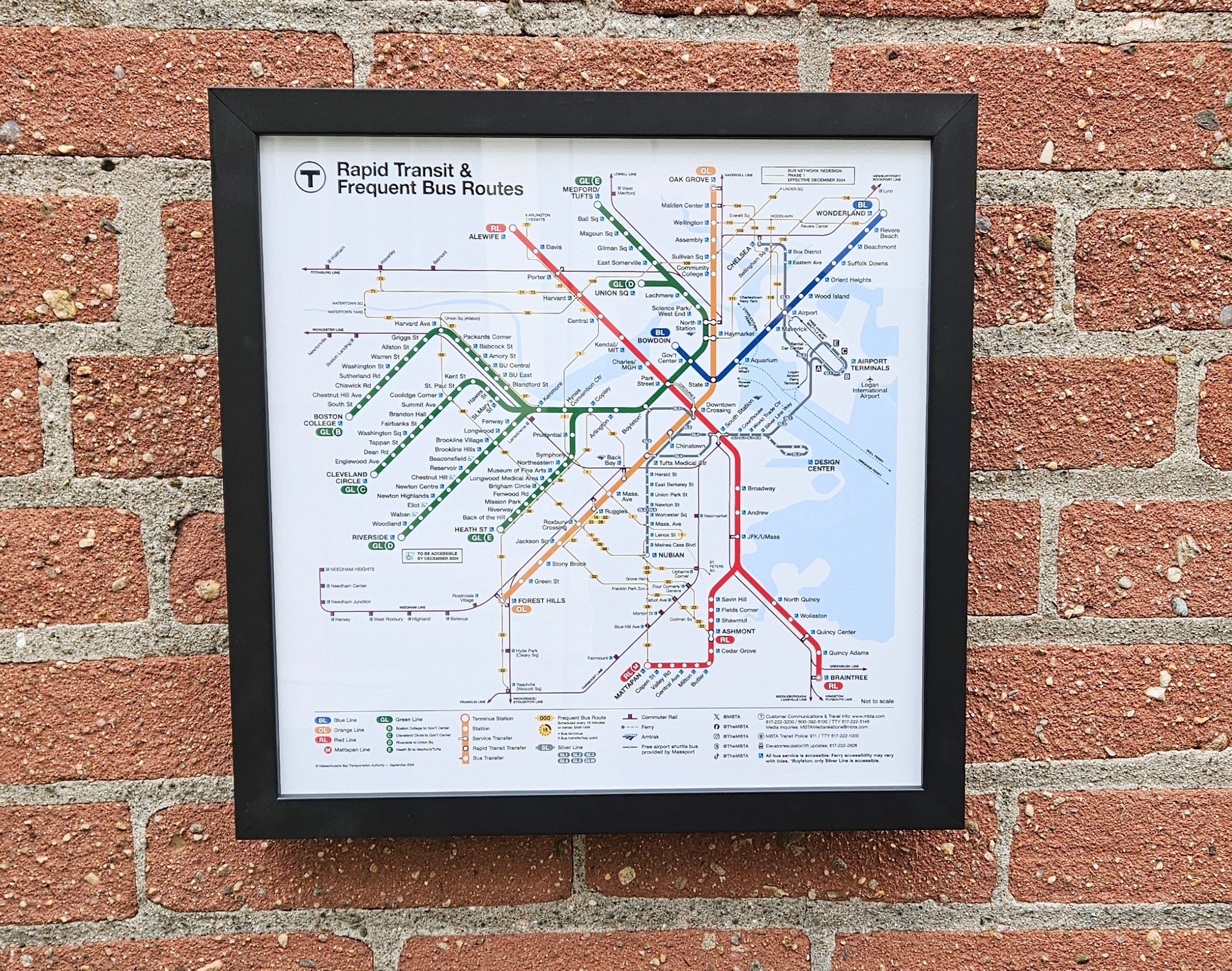 Boston MBTA Framed Rapid Transit & Frequent Bus Routes Map – WardMaps LLC