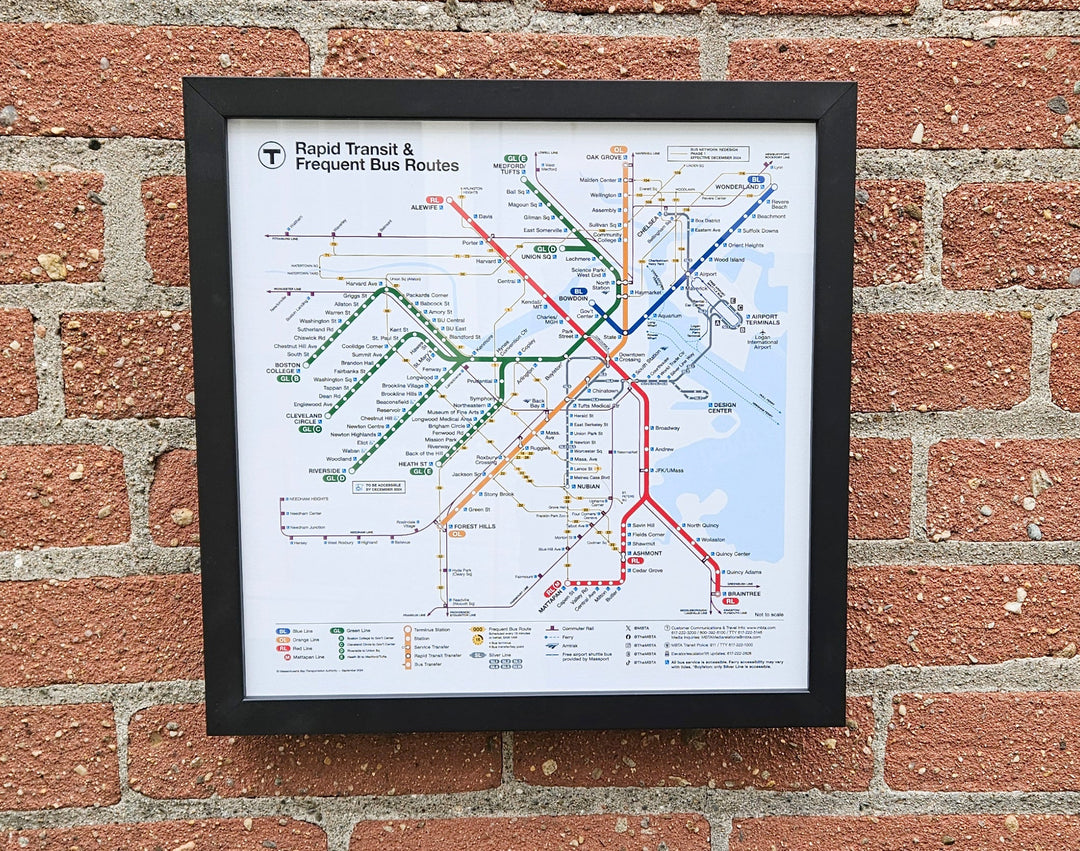 Boston MBTA Framed Rapid Transit & Frequent Bus Routes Map – WardMaps LLC