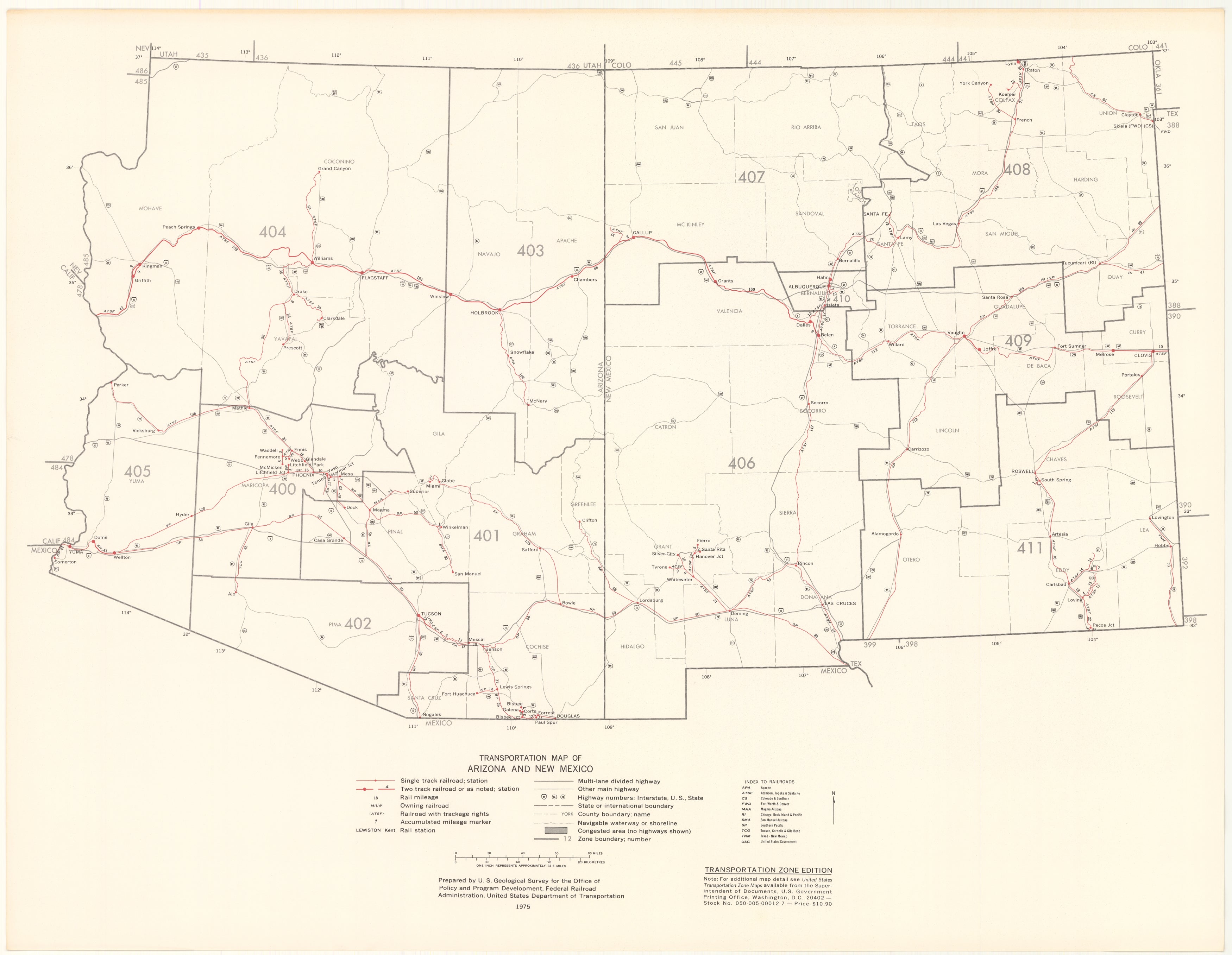 Arizona and New Mexico Transportation Map 1975: Zone Edition – WardMaps LLC