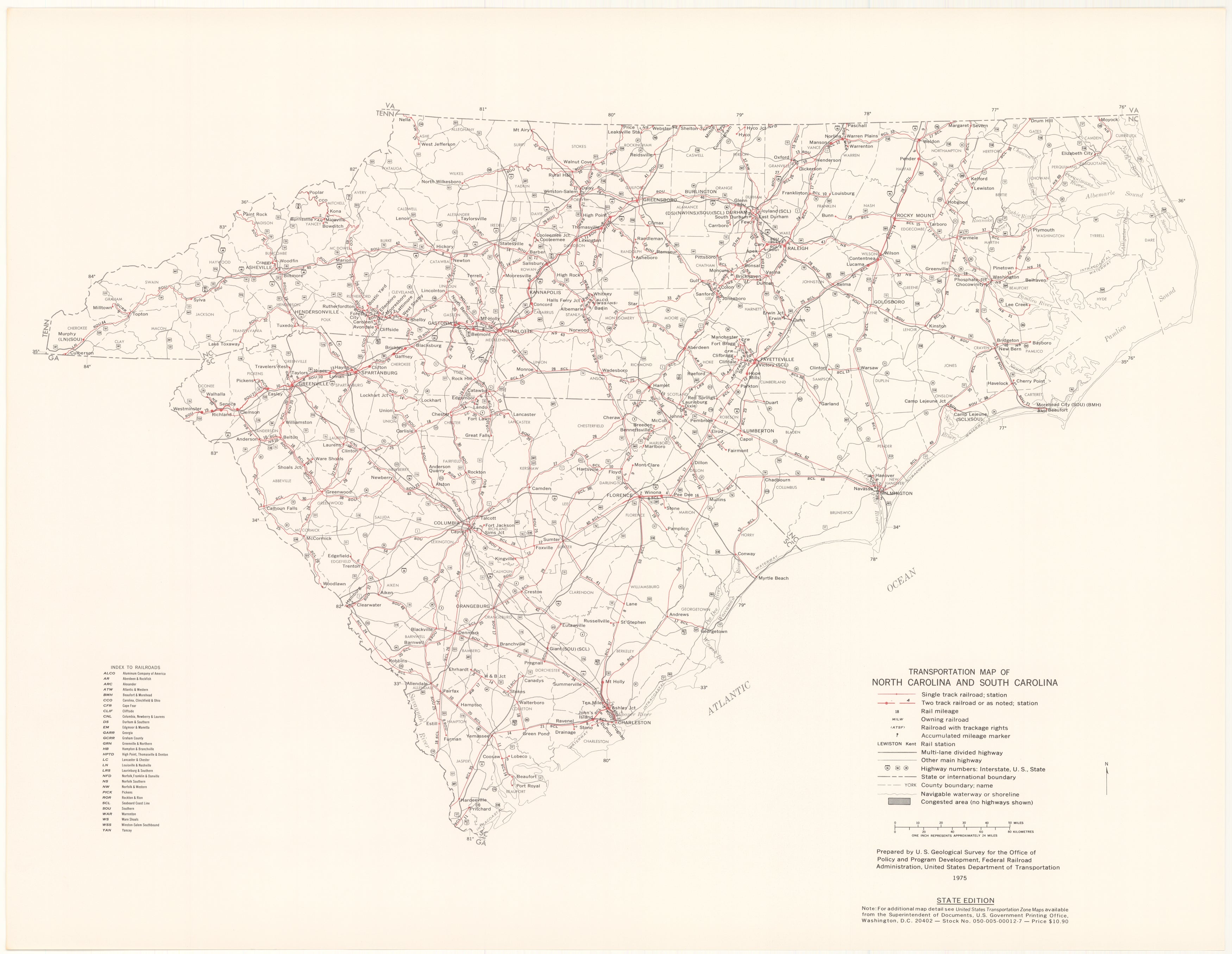 North and South Carolina Transportation Map 1975: State Edition ...
