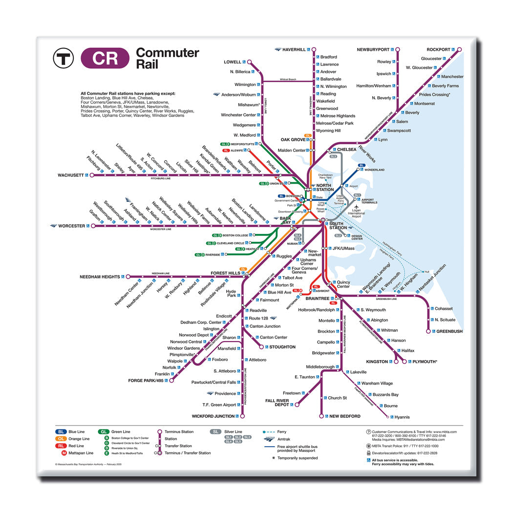 Boston MBTA Commuter Rail Map Magnet (2025 February) – WardMaps LLC