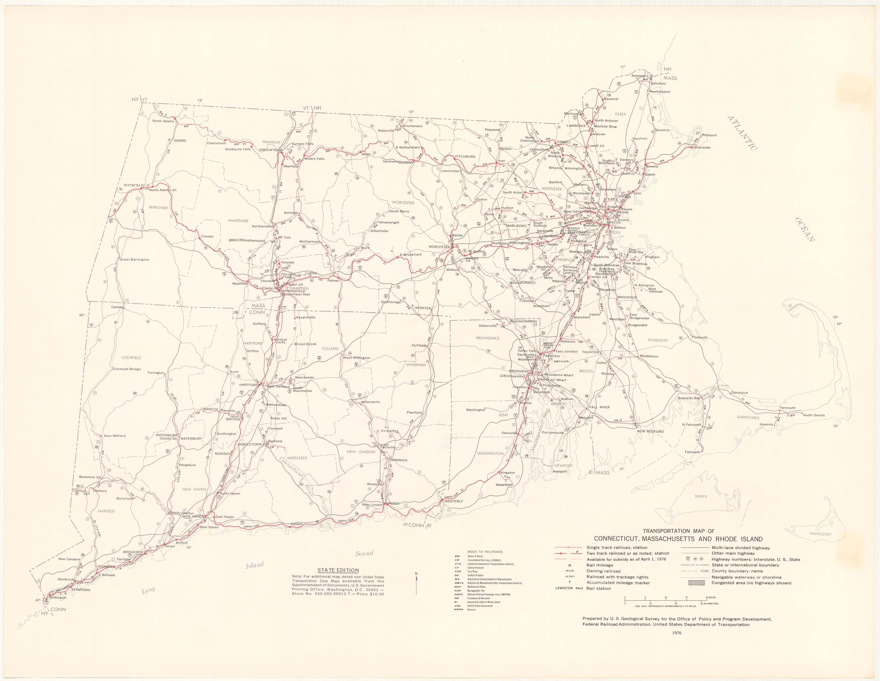 Connecticut, Massachusetts, and Rhode Island Transportation Map 1976 ...