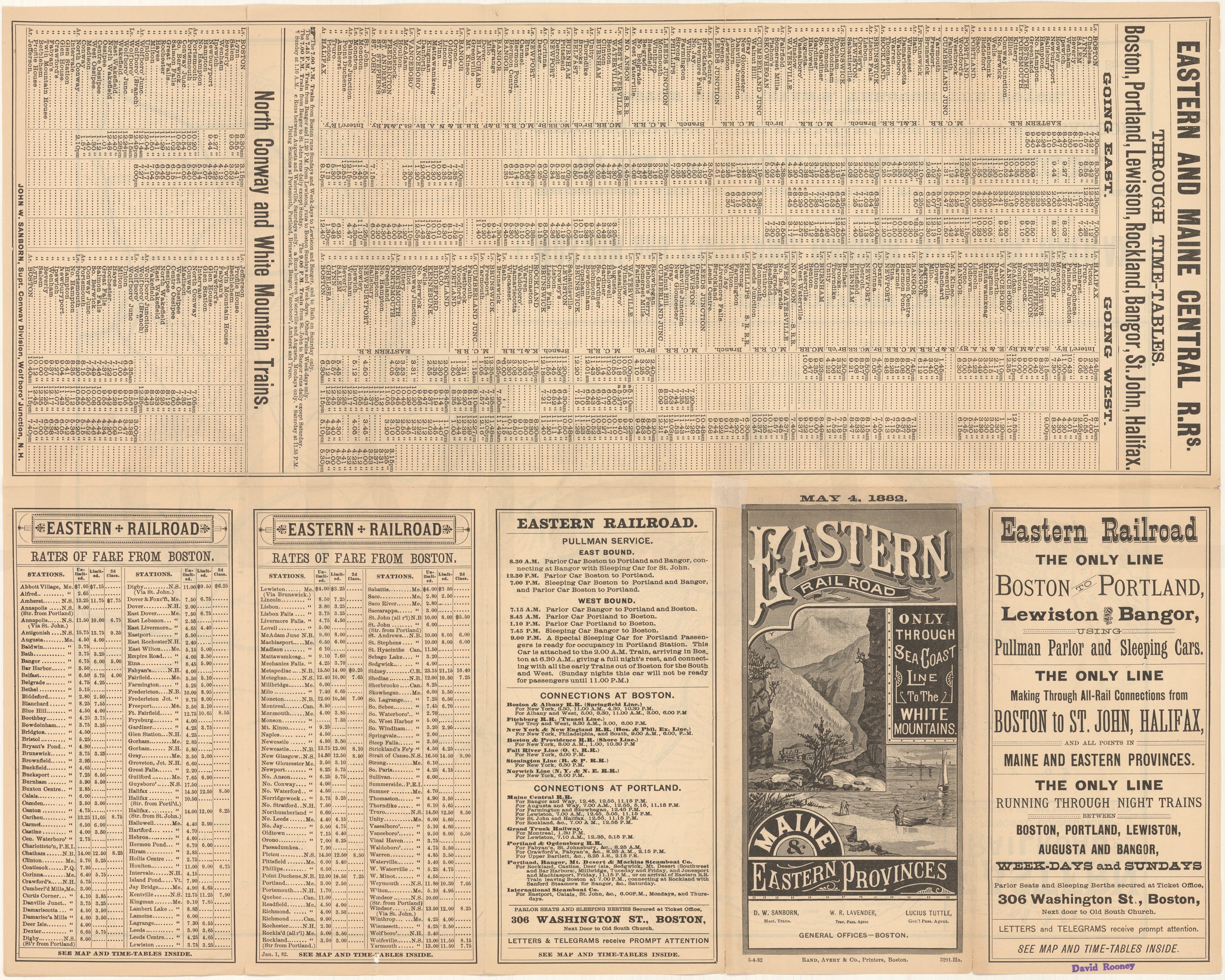 Eastern Railroad Timetable and Map 1882 White Mountains (Side A ...