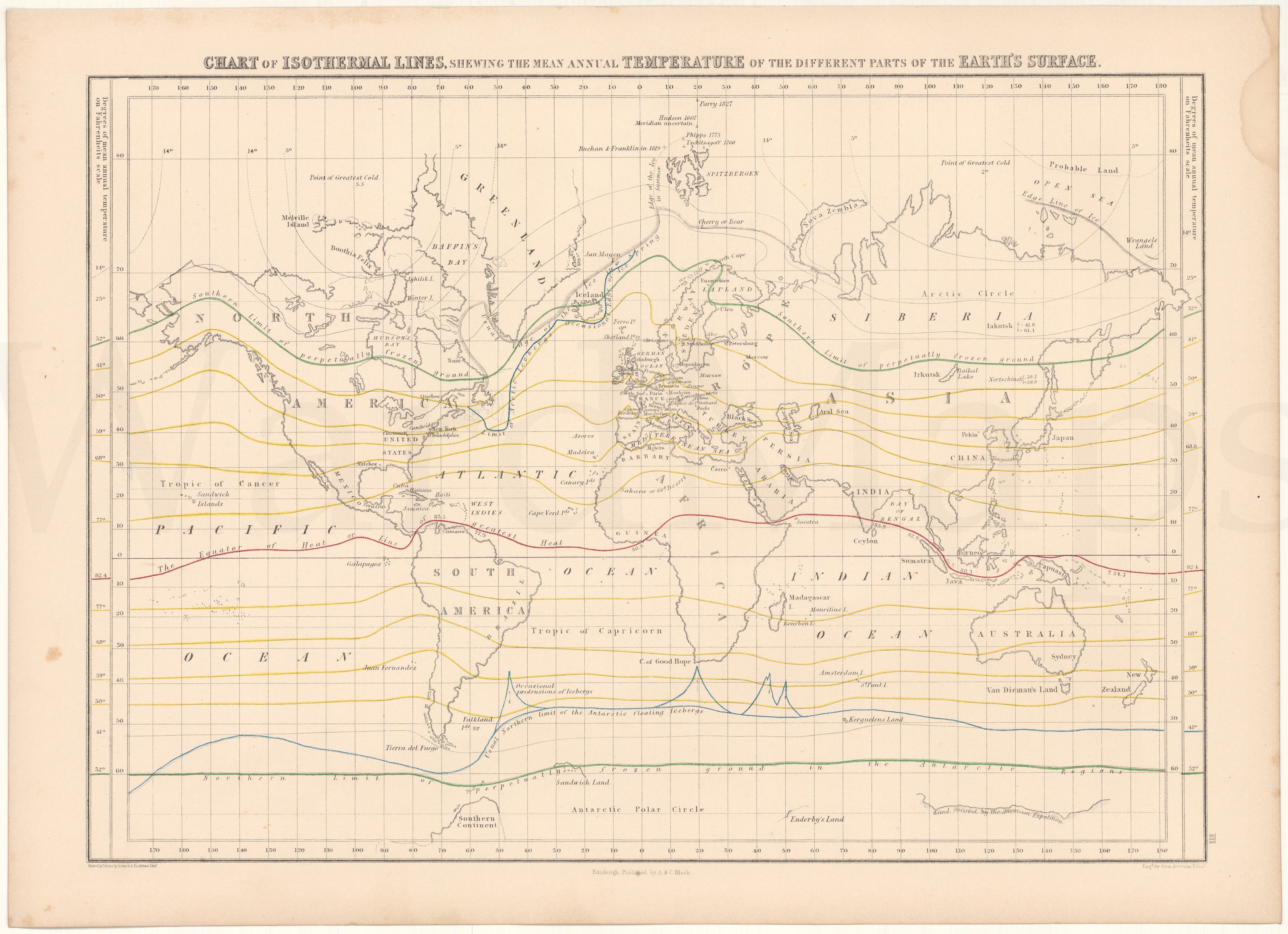 World 1857: Chart of Isothermal Lines Showing Mean Annual Temperatures ...