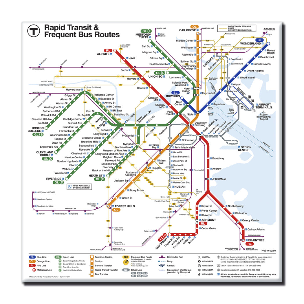 Boston MBTA Rapid Transit and Frequent Bus Routes Map (2024/25 ...