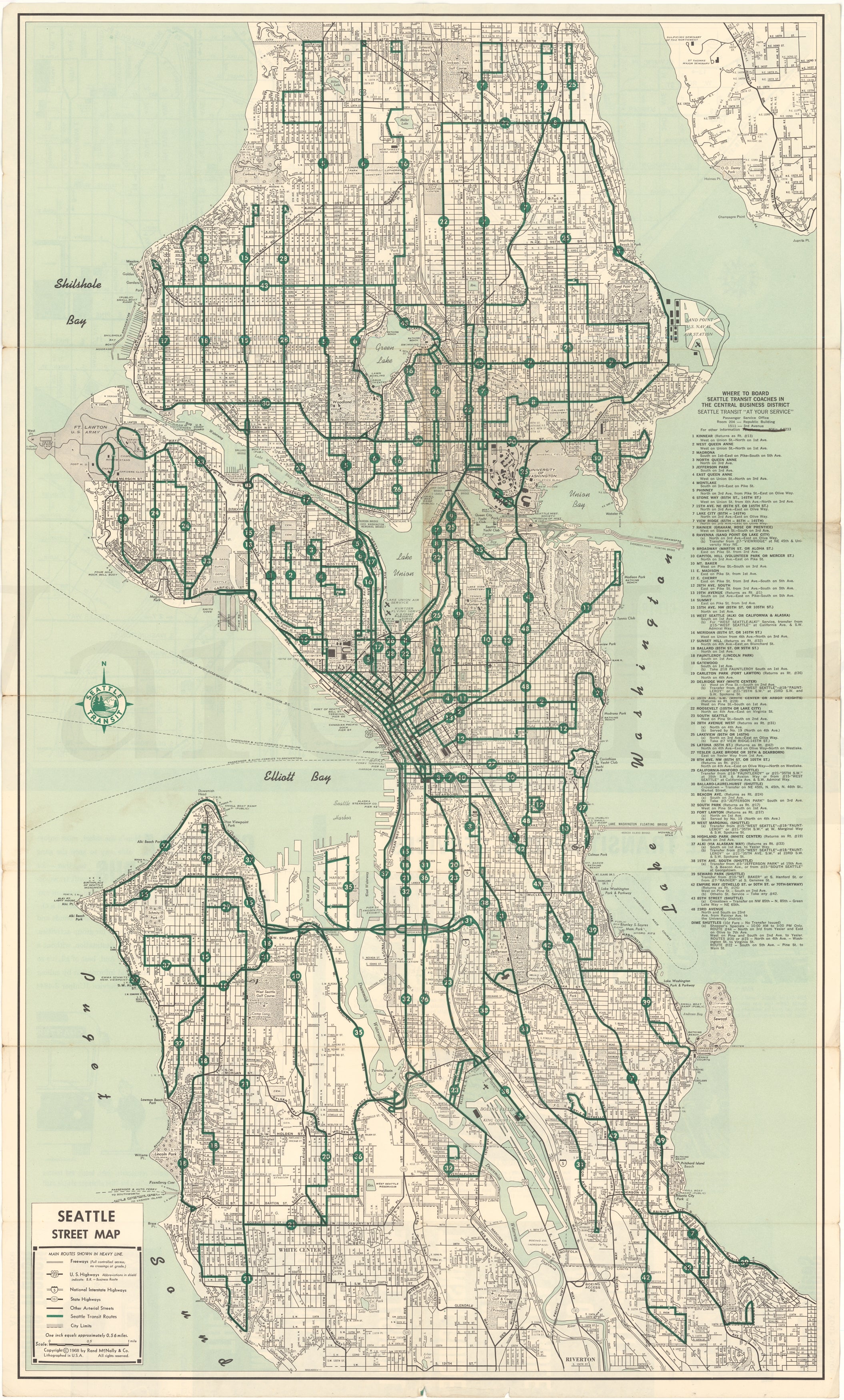 Seattle Transit (Washington) Bus System Map 1968 (Side A) – WardMaps LLC
