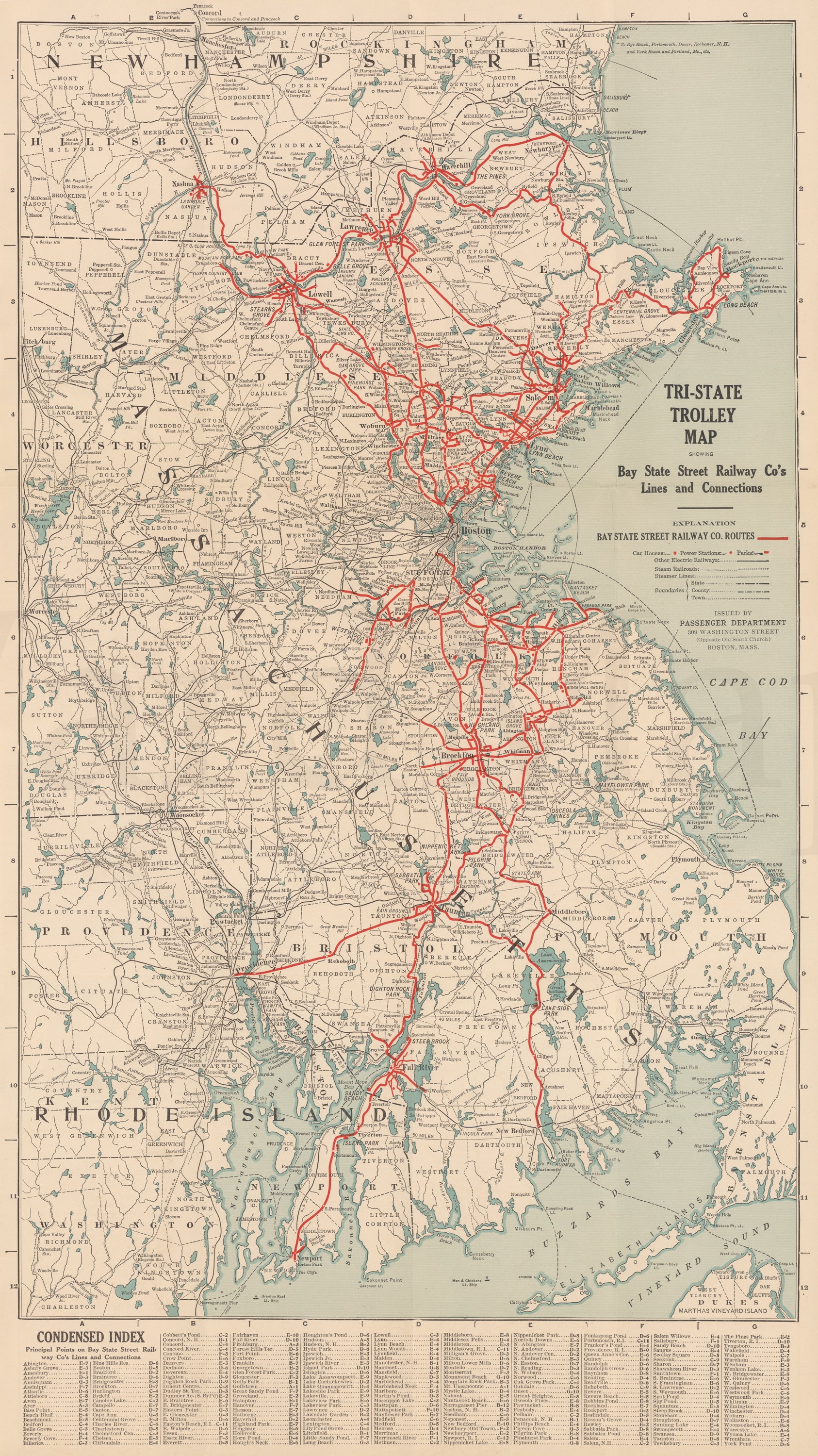 Tri-State Trolley Map (Massachusetts, New Hampshire, Rhode Island) 191 ...