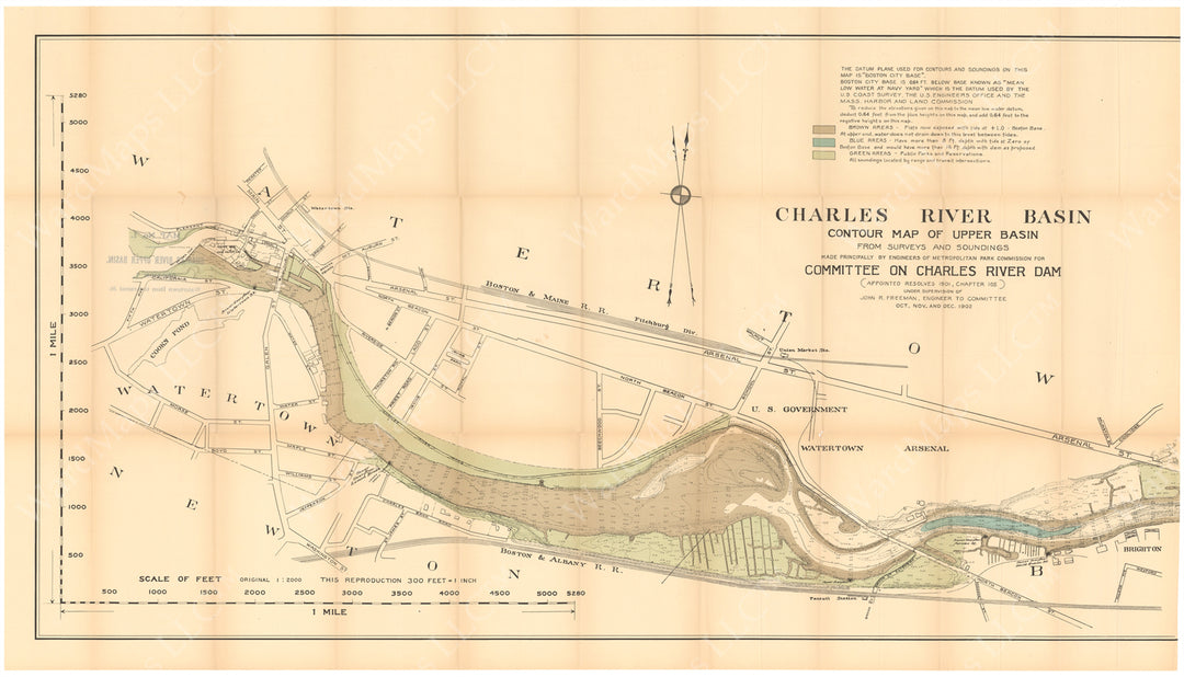 Charles River Dam Report 1903: Contour Map of Upper Basin 1902 (Left H ...