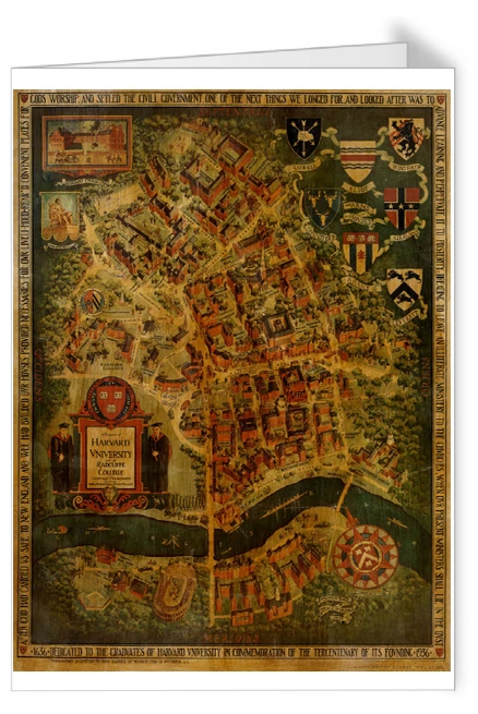 Harvard University, Cambridge Massachusetts 1936 Map Greeting Card ...