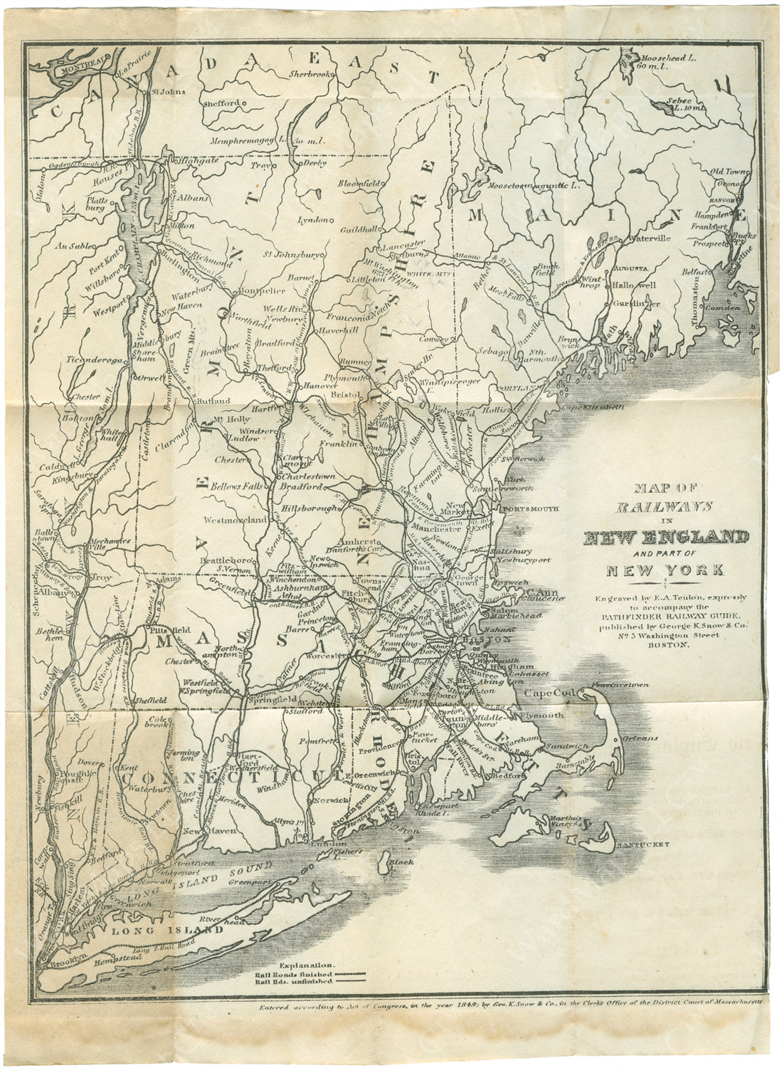 New England Railway Map for Snow's Pathfinder Railway Guide 1849 ...