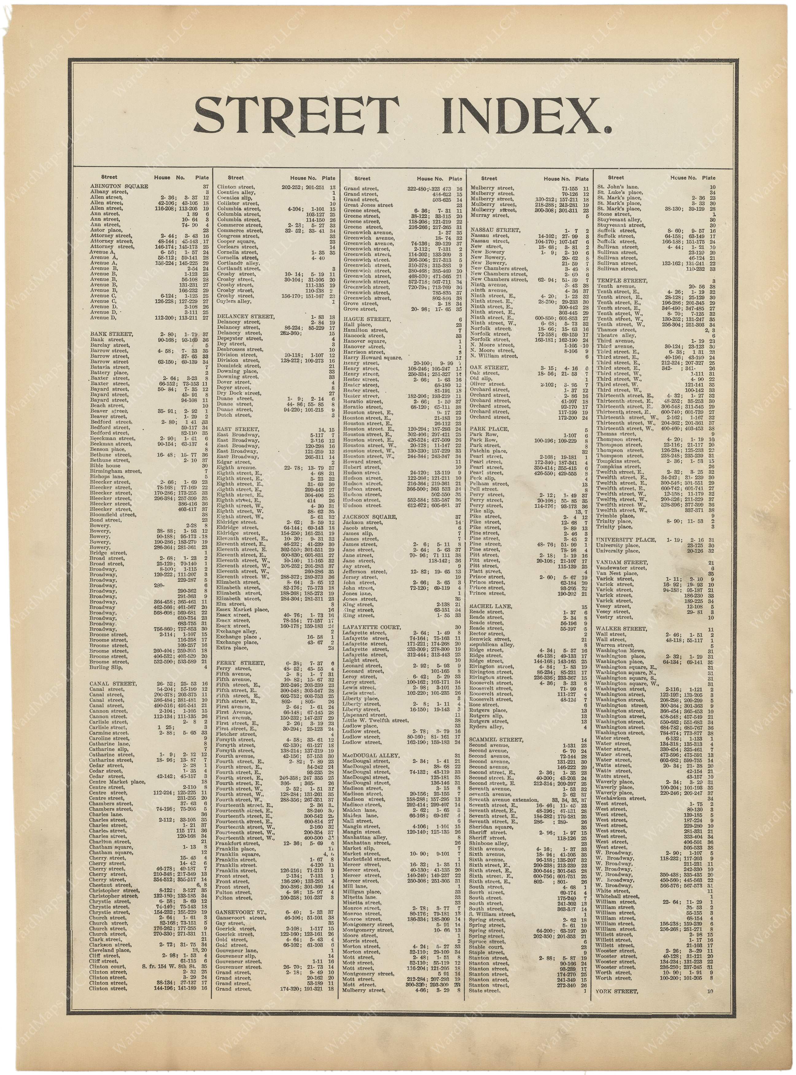 Manhattan, New York, Vol. 1 1922: Street Index – WardMaps LLC