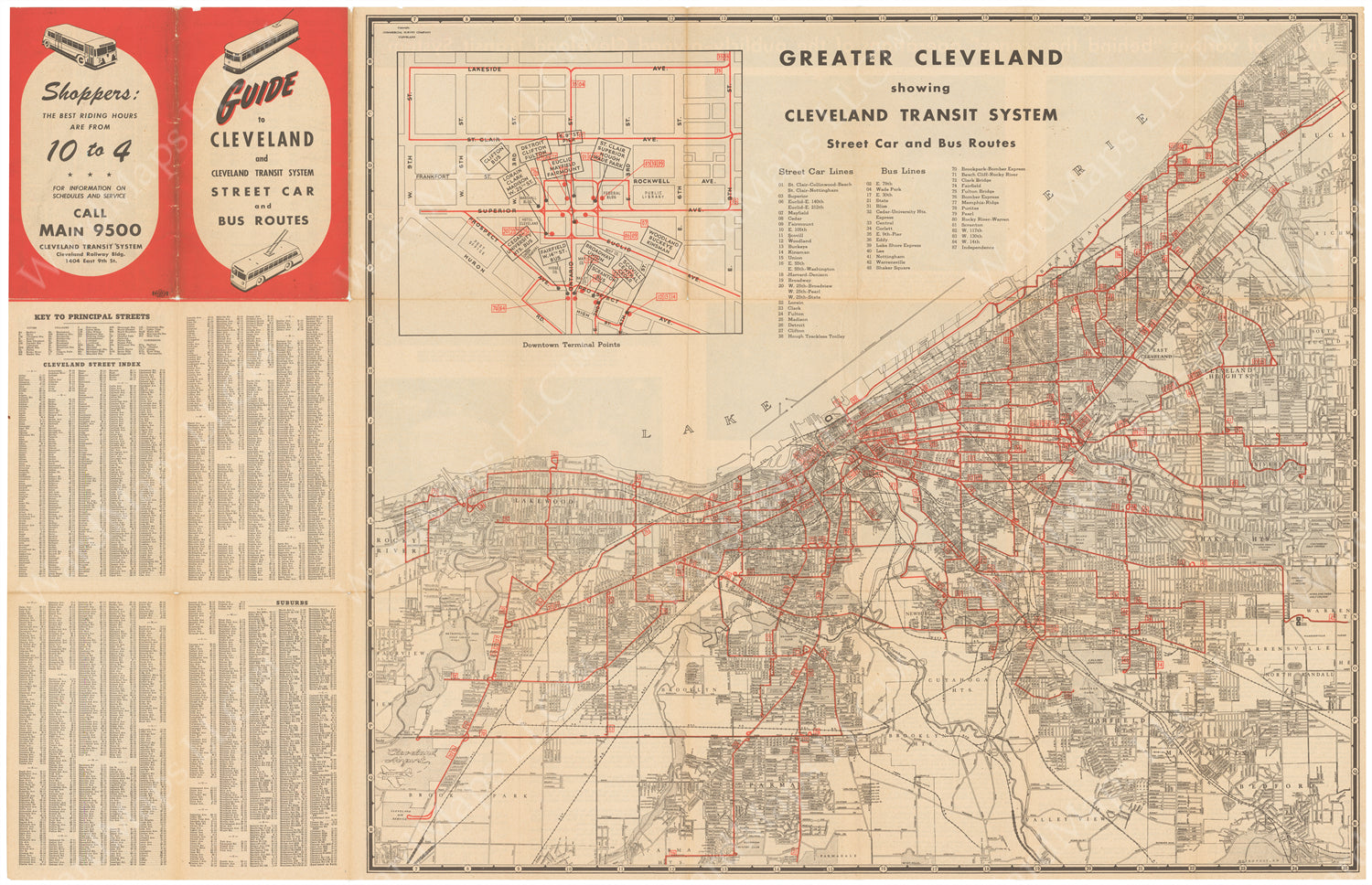 Cleveland (Ohio) Transit System Streetcar and Bus Routes Mid-20th Cent ...