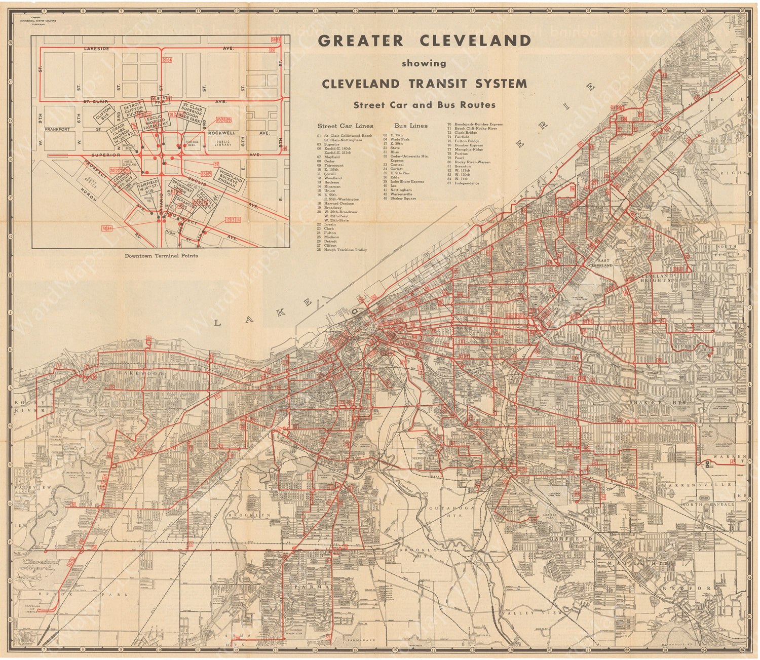 Cleveland (Ohio) Transit System Streetcar and Bus Routes Mid-20th Cent ...