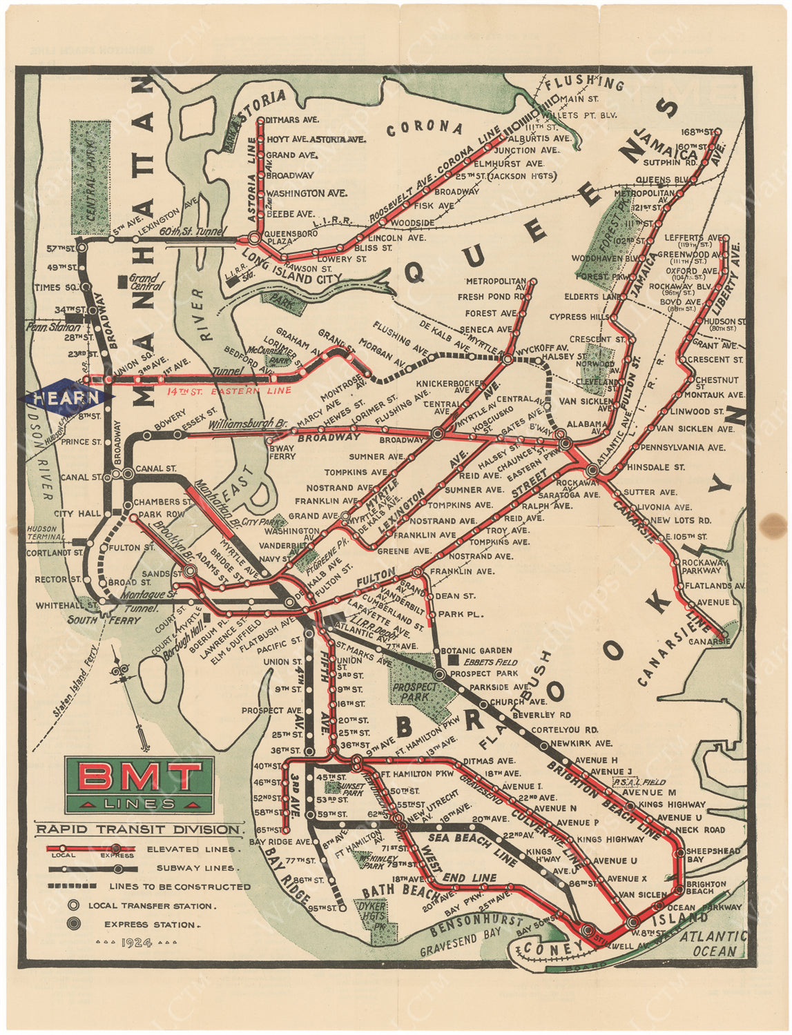 New York City Transit Map 1924: BMT Lines, Rapid Transit Division ...