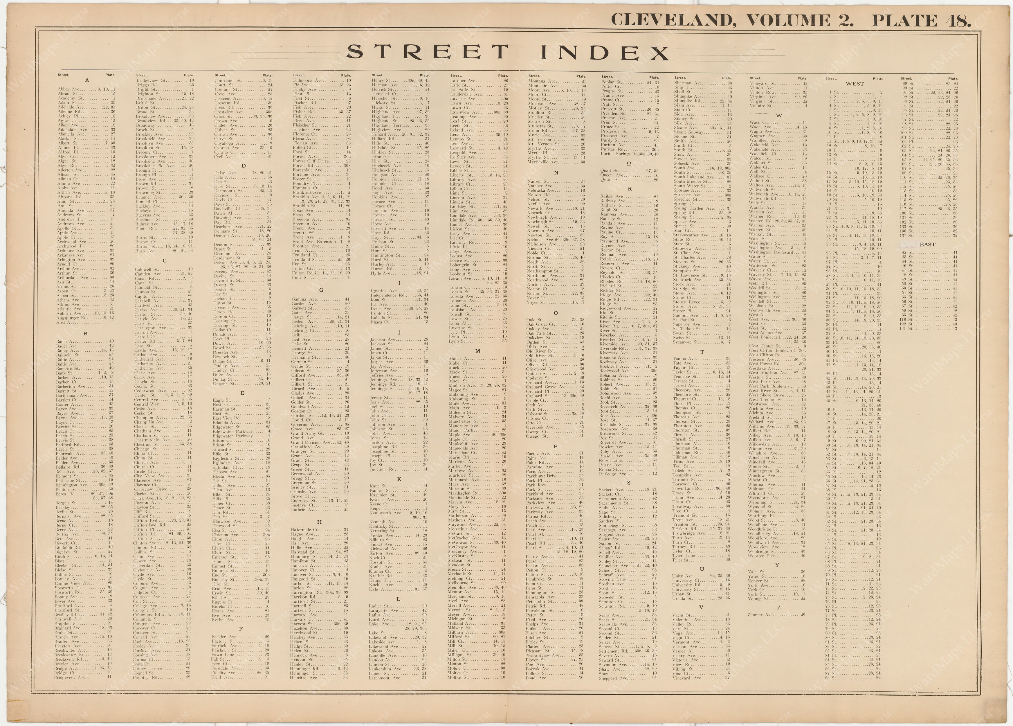 Cleveland, Ohio, Vol. 2, 1912 Plate 048 Street Index – WardMaps LLC
