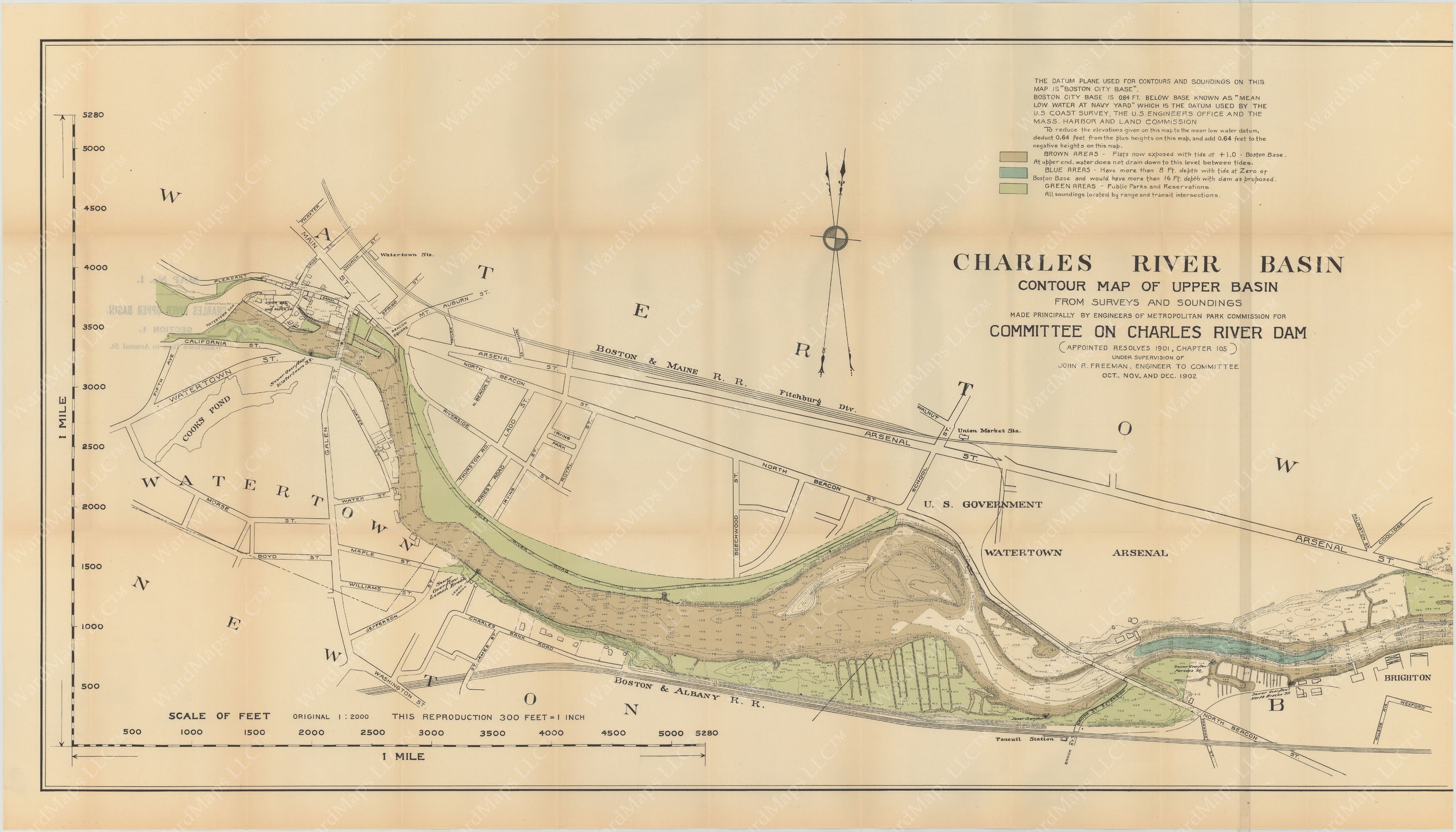 Charles River Dam Report 1903: Contour Map of Upper Basin 1902 (Left H ...