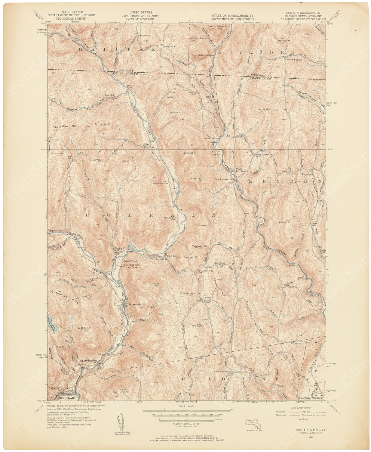 USGS Massachusetts and Vermont: Colrain Sheet 1945 – WardMaps LLC