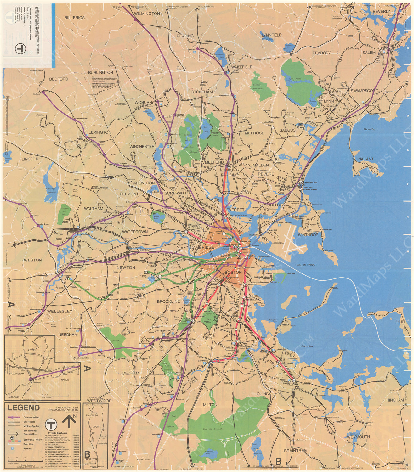 Boston, Massachusetts MBTA System Route Map 1976 Summer (Side A) – WardMaps LLC
