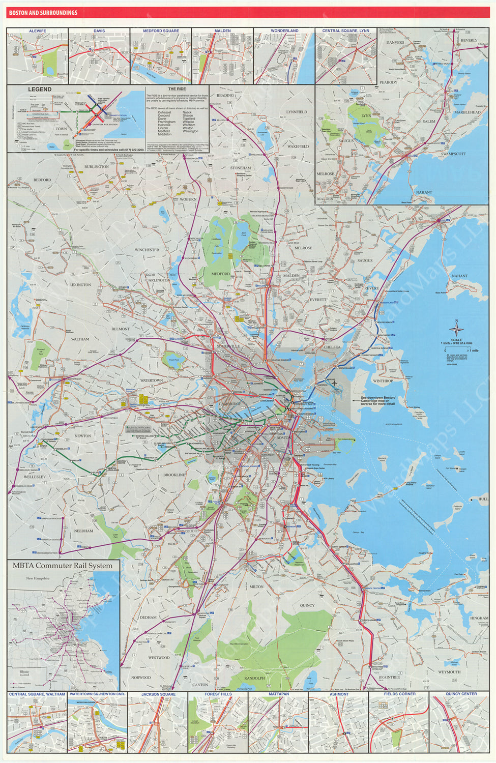 Boston, Massachusetts MBTA System Route Map 1998 (Side A) – WardMaps LLC