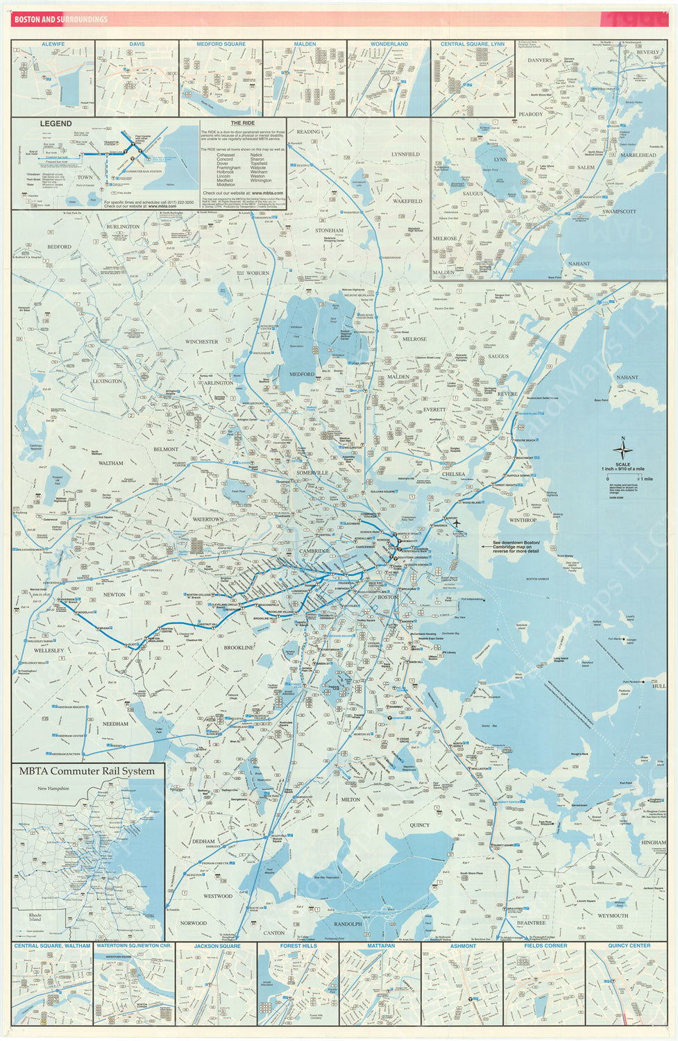 Boston, Massachusetts MBTA System Route Map 1999 (Side A) – WardMaps LLC