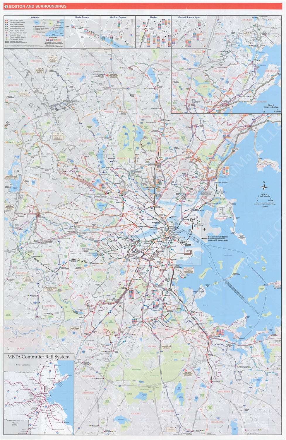 Boston, Massachusetts MBTA System Route Map 2013 (Side A) – WardMaps LLC
