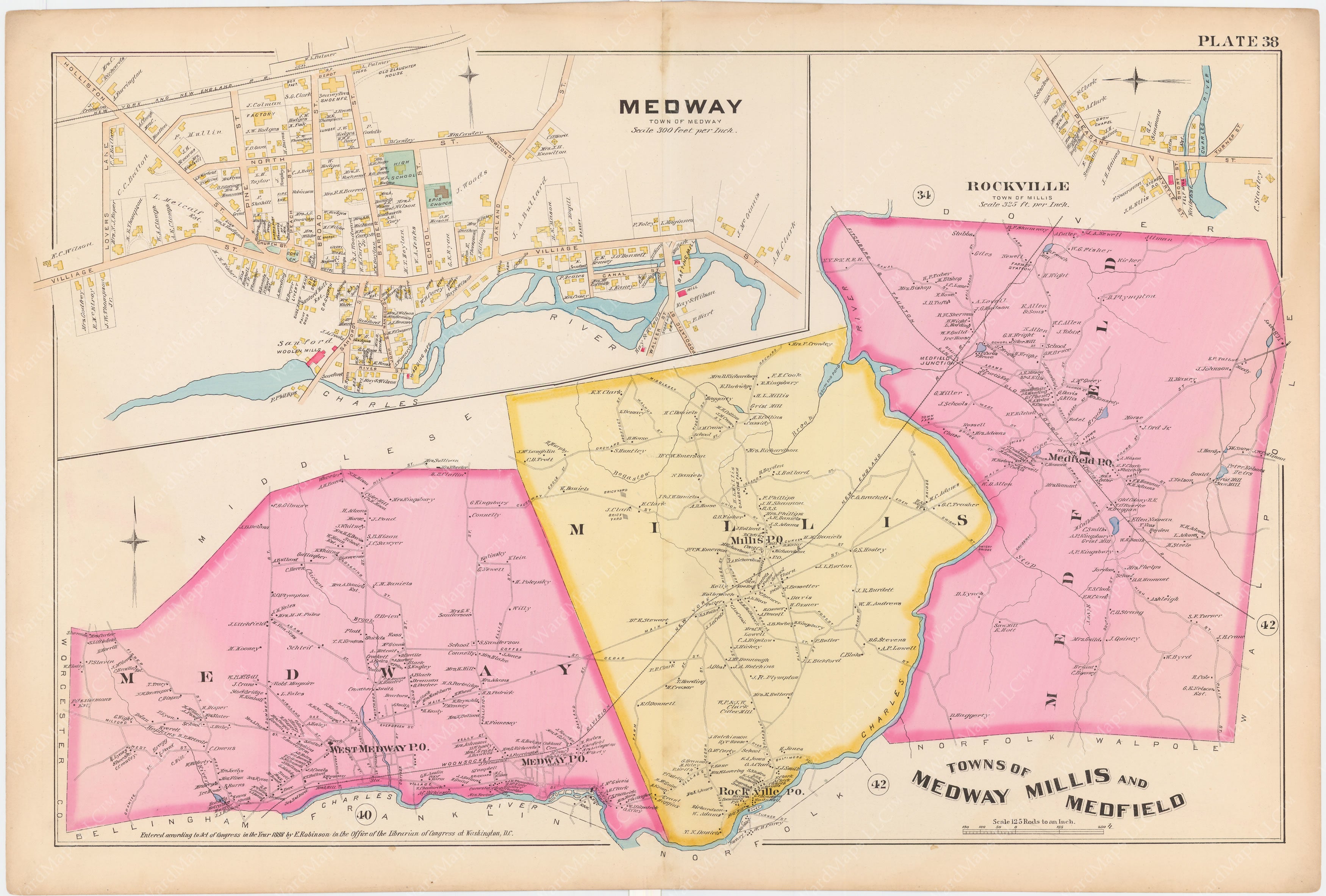 Norfolk County, Massachusetts 1888 Plate 038: Medfield, Medway, and Mi ...