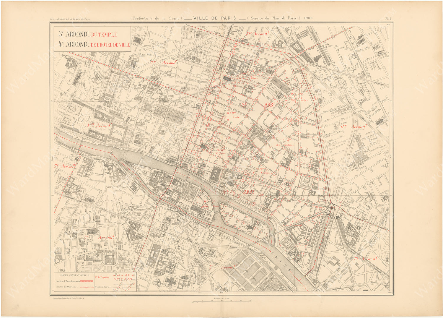 Paris, France Sewer System 1875 Plate 002: 3rd and 4th Arrondissements ...