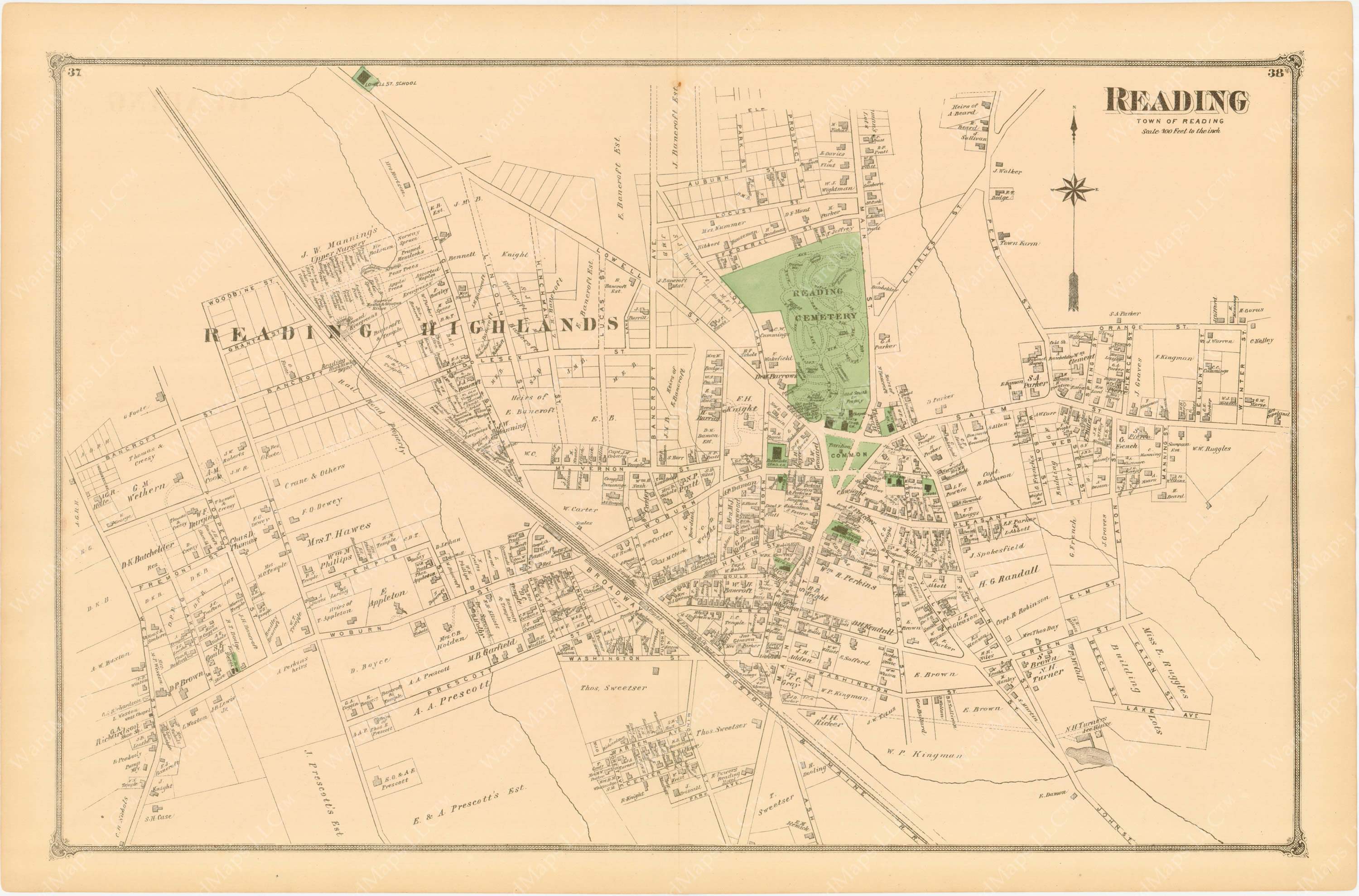 Reading Center, Massachusetts 1875 – WardMaps LLC