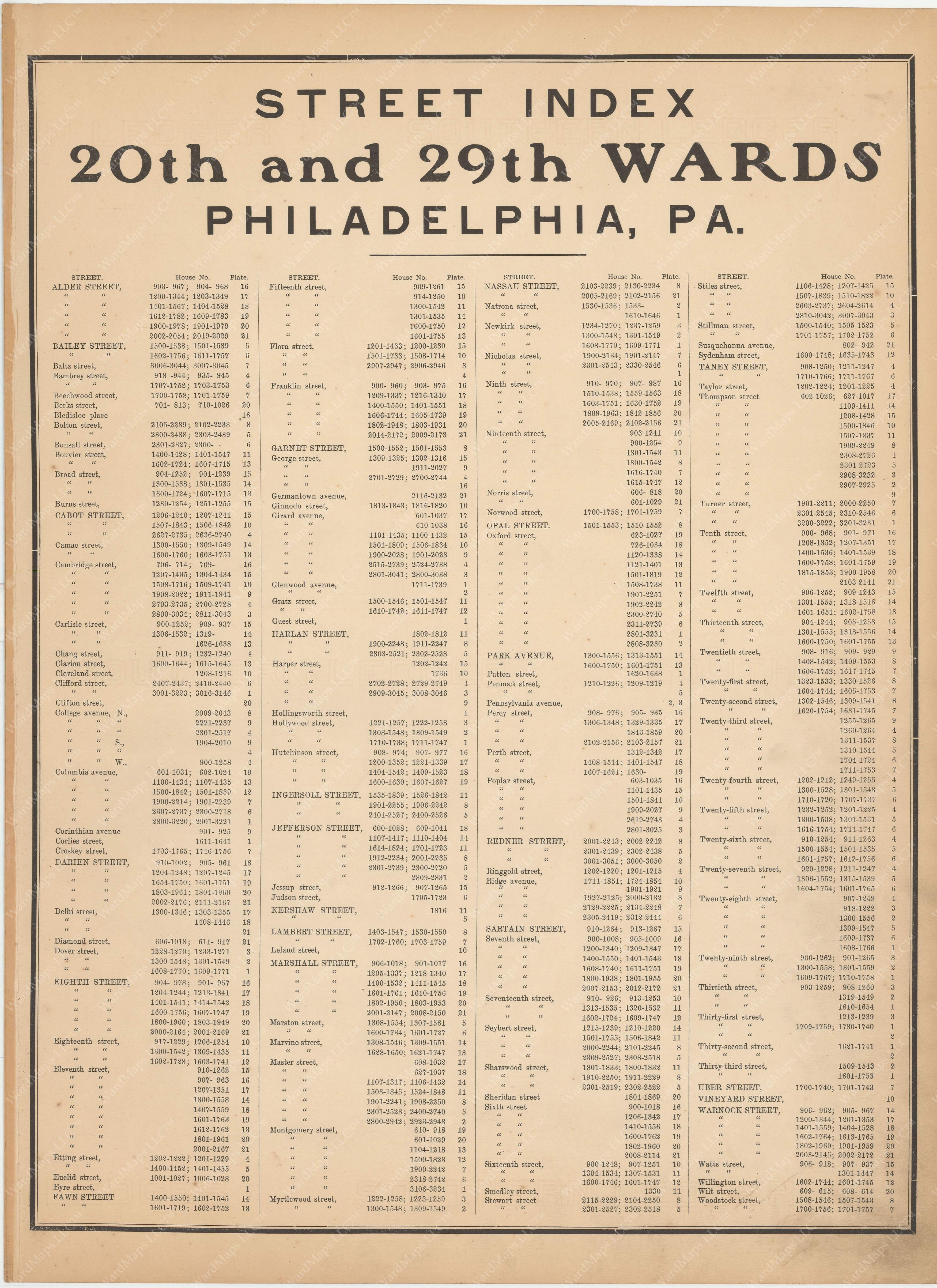 Philadelphia, Pennsylvania 1907 Street Index – WardMaps LLC