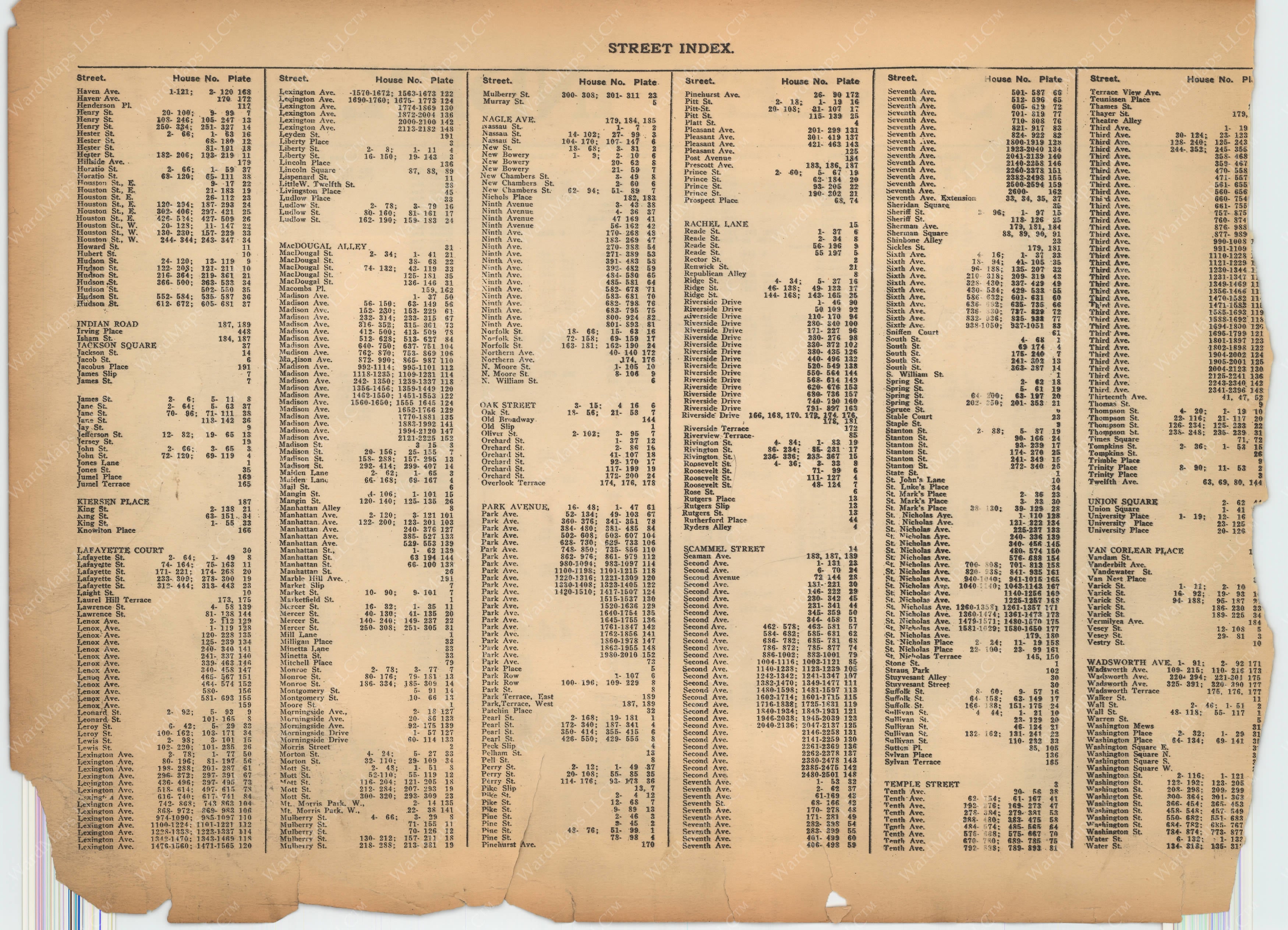Manhattan, New York 1925 Street Index 2 – WardMaps LLC
