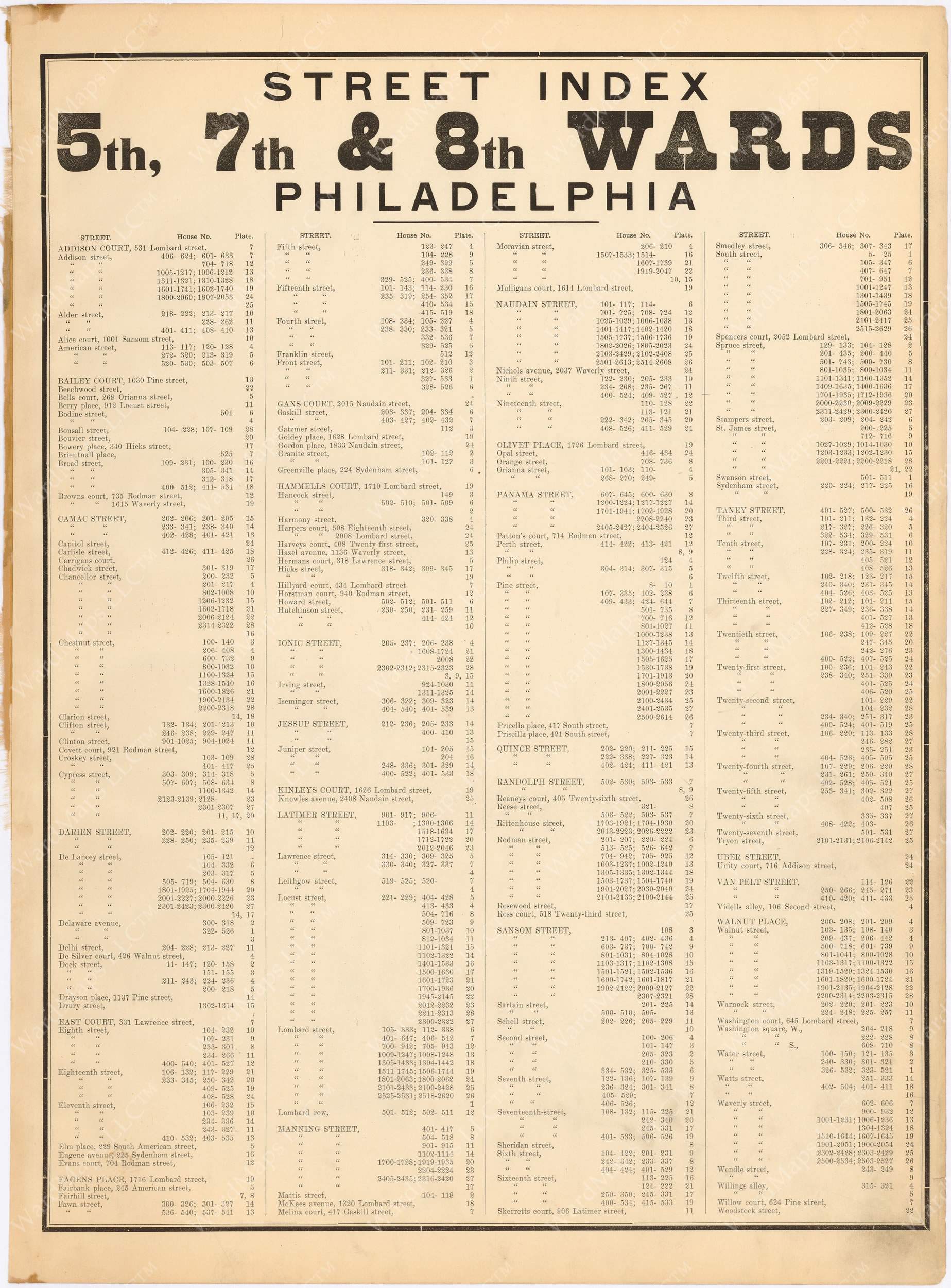 Philadelphia, Pennsylvania 1908, 5th, 7th, and 8th Wards: Street Index ...