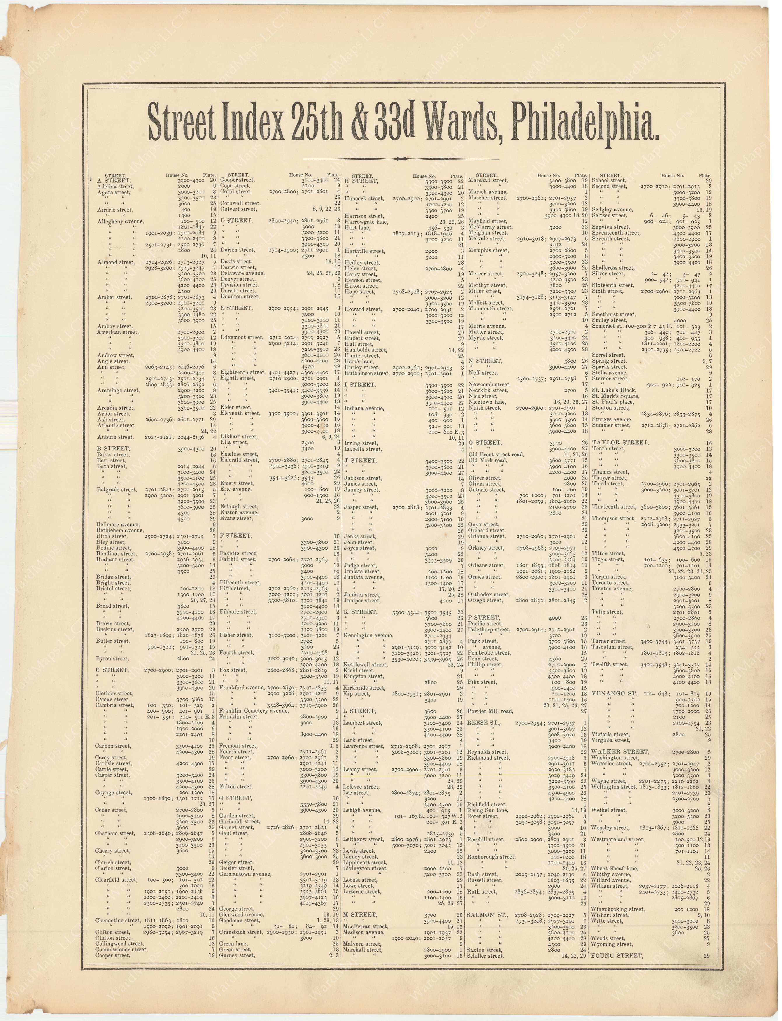 Philadelphia, Pennsylvania 1891 Street Index – WardMaps LLC