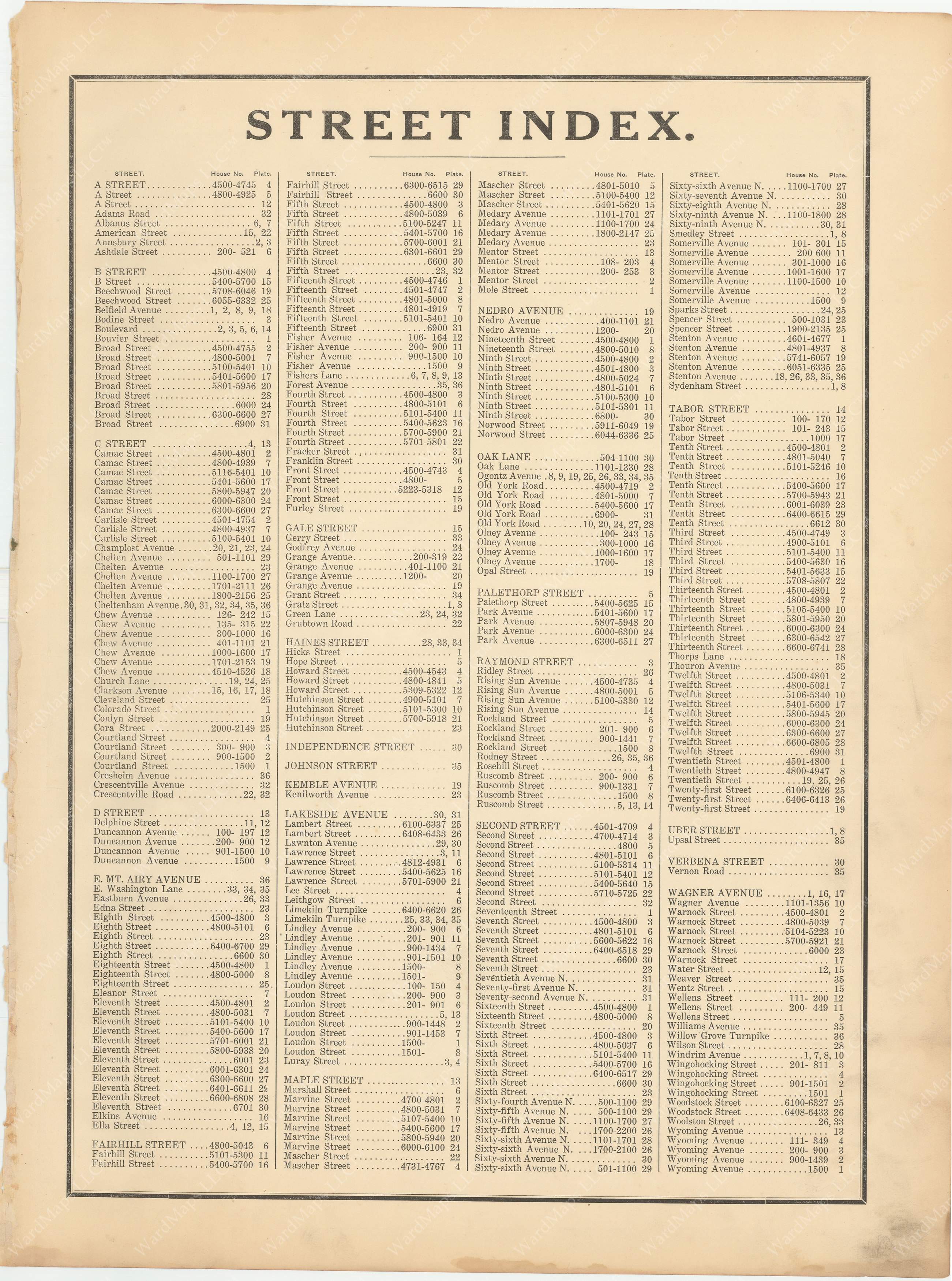 Philadelphia, Pennsylvania 1913 Street Index – WardMaps LLC