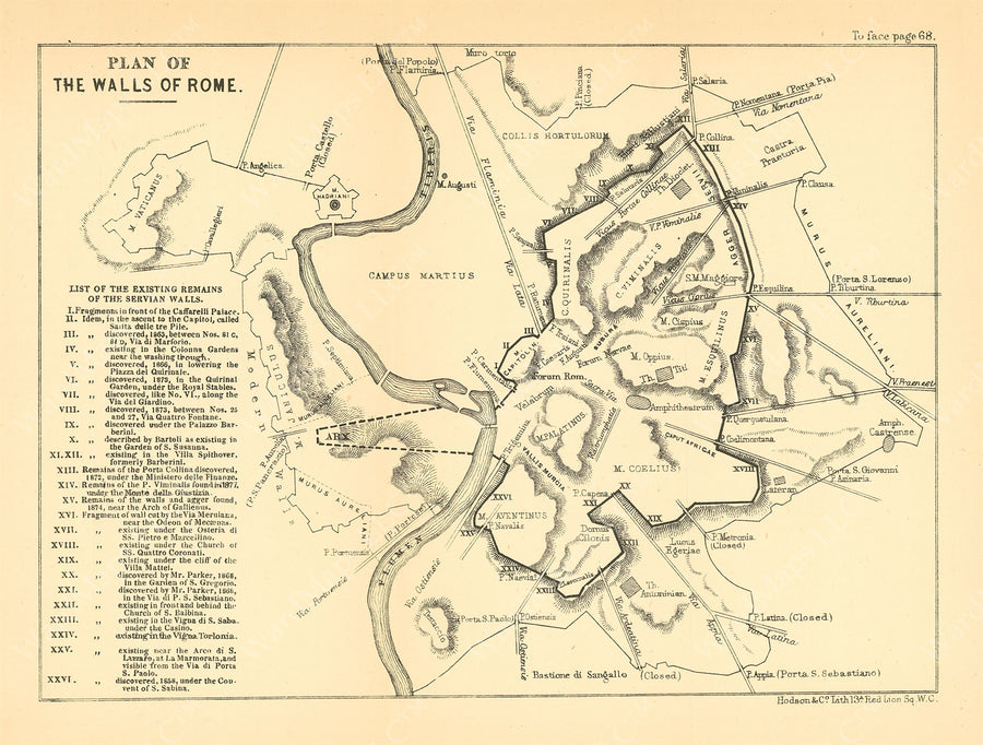 Classical Map 1881: Walls of Ancient Rome, Italy – WardMaps LLC