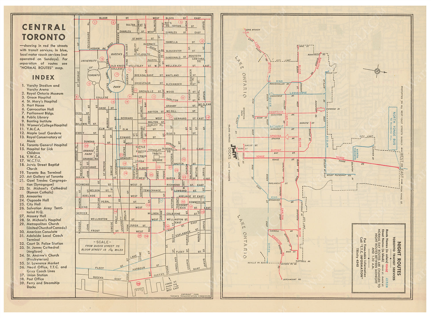 Toronto Transit Commission Maps 1948: Central Toronto and Night Routes ...