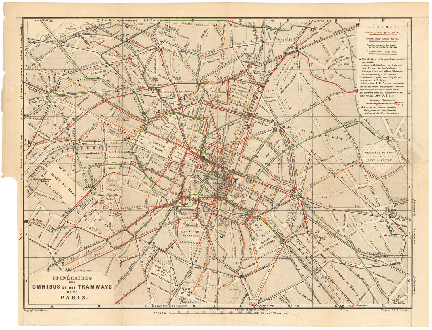 Paris, France 1884: Transit Map (Omnibus and Tram Routes) – WardMaps LLC