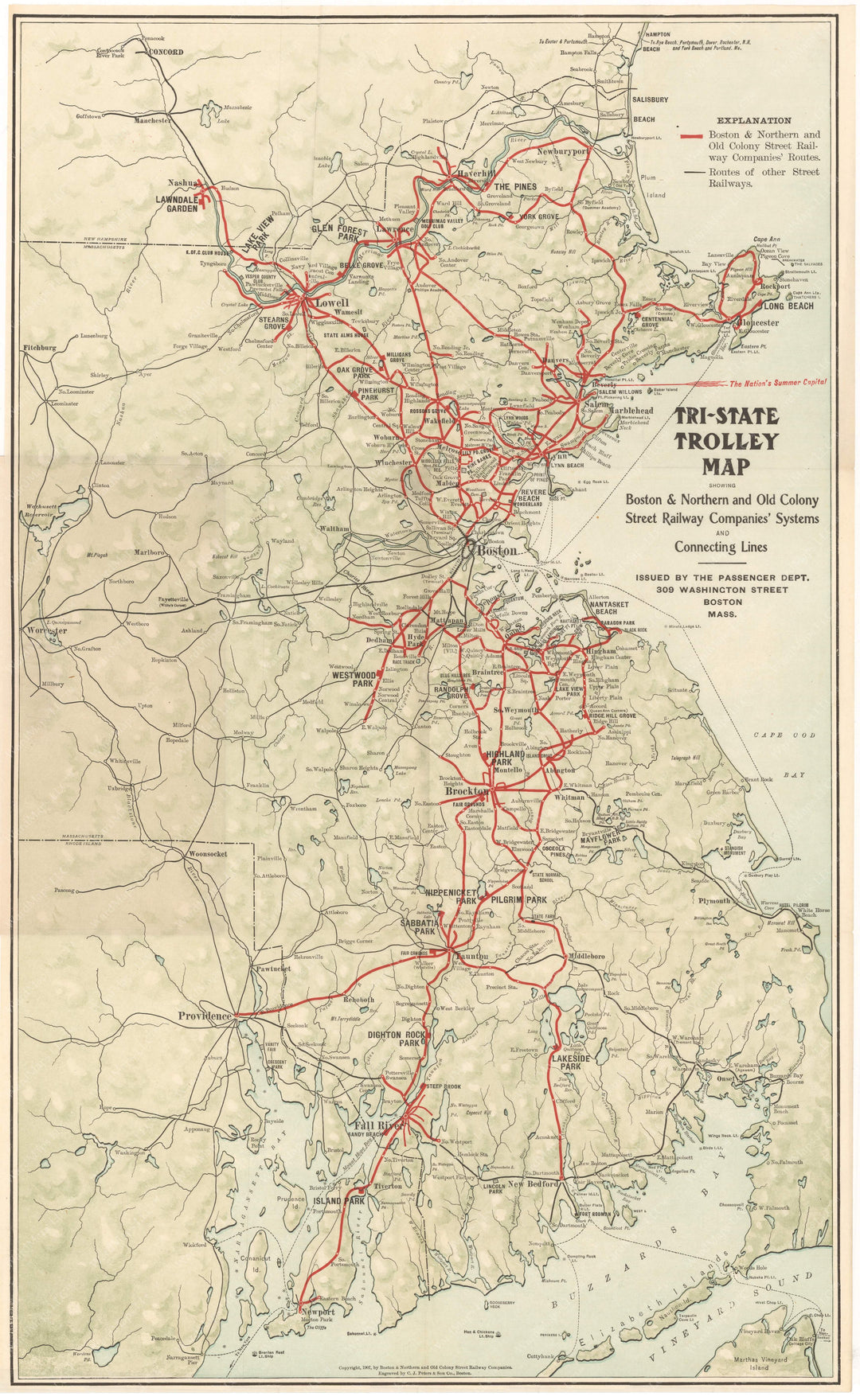 Tri-State Trolley Map (Massachusetts, New Hampshire, and Rhode Island ...